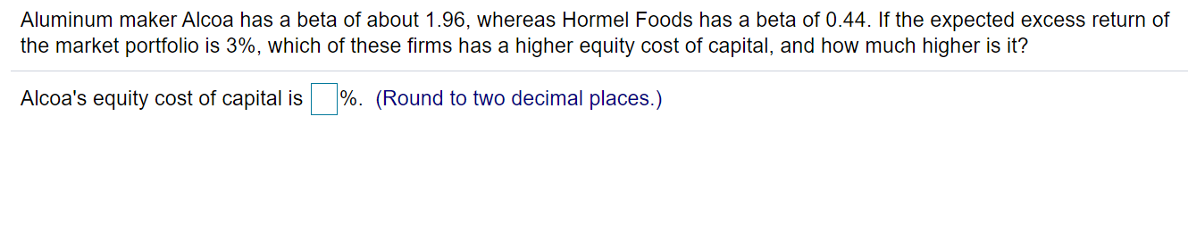 Solved Aluminum maker Alcoa has a beta of about 1.96, | Chegg.com