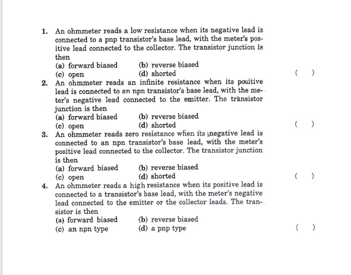 Solved (c) open (c) open 1. An ohmmeter reads a low | Chegg.com