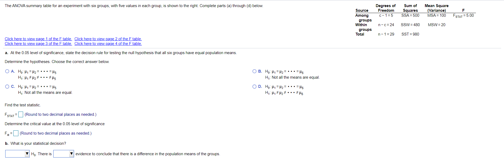 Solved The ANOVA summary table for an experiment with six | Chegg.com