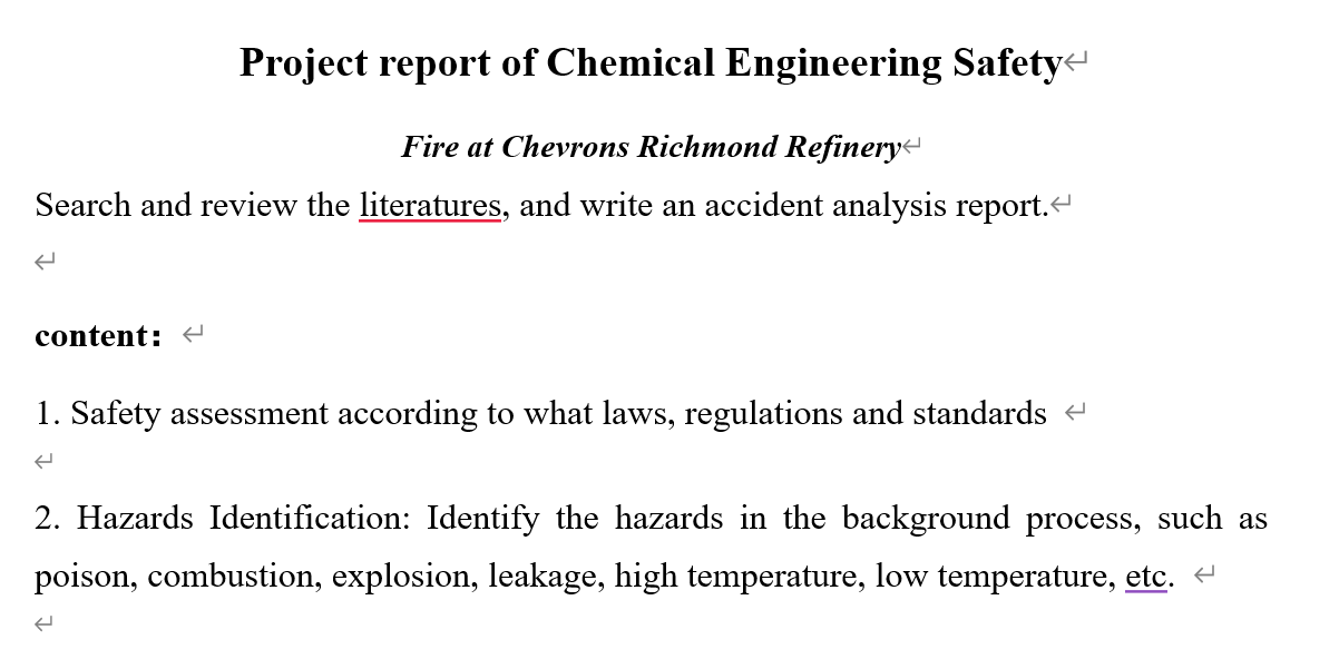Solved Project report of Chemical Engineering Safety Fire at | Chegg.com