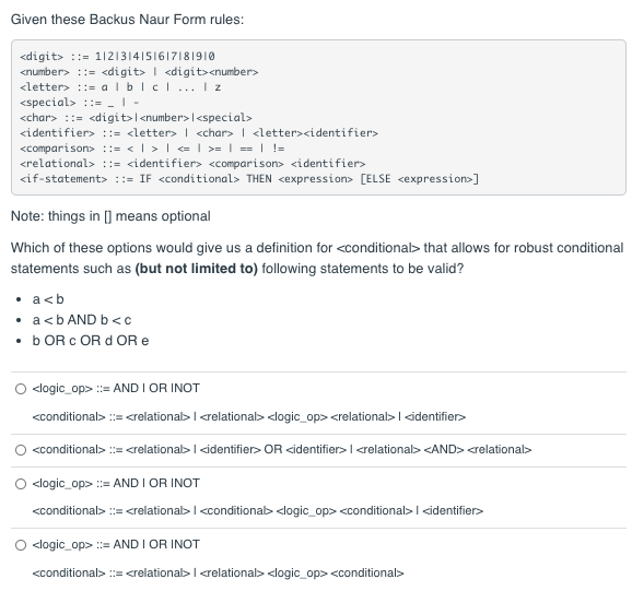 Solved Given these Backus Naur Form rules: | Chegg.com