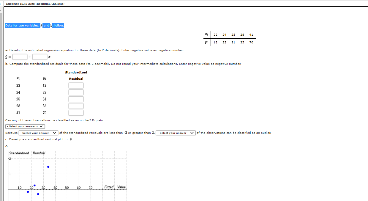 Solved Exercise 15.40 Algo (Residual Analysis) Data for two | Chegg.com