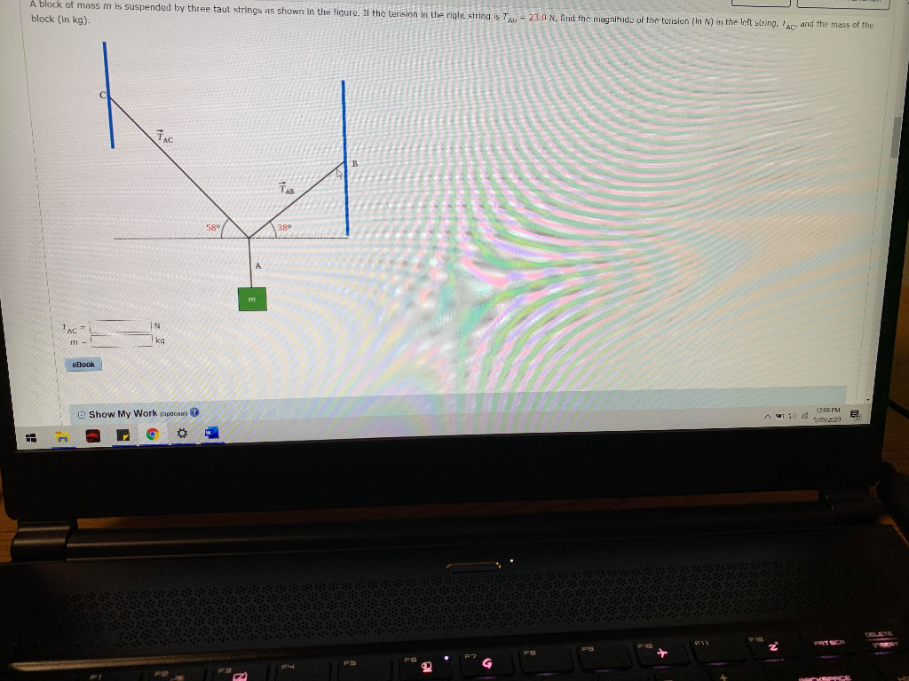 Solved A block of mass m is suspended by three taut strings | Chegg.com