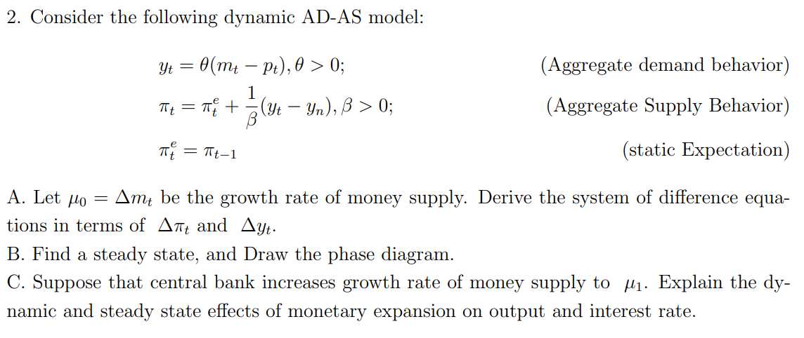 Solved 2. Consider the following dynamic AD-AS model: | Chegg.com