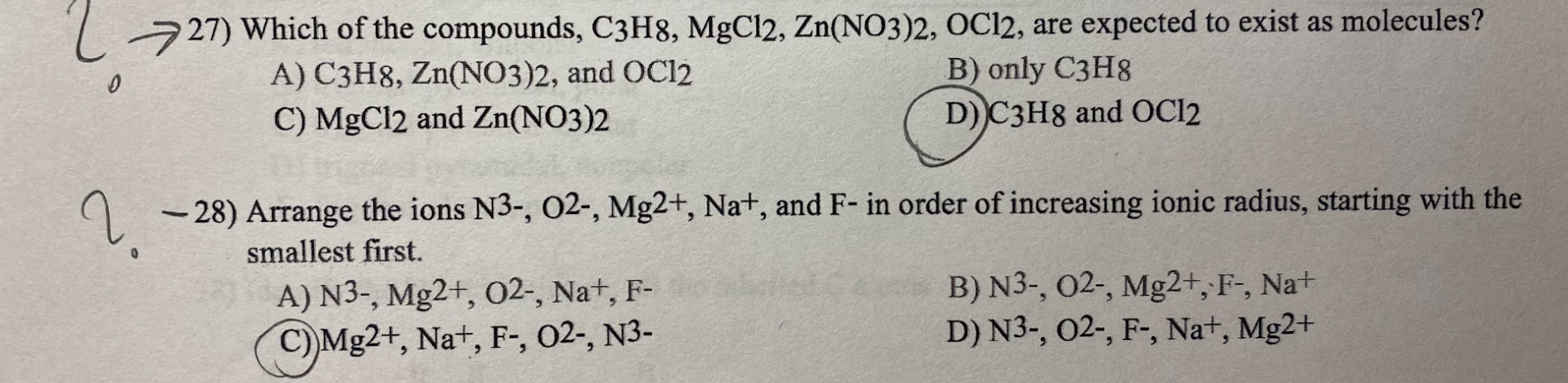 Solved 27) Which of the compounds, C3H8,MgCl2,Zn(NO3)2,OCl2, | Chegg.com
