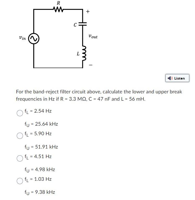 Solved For the band-reject filter circuit above, calculate | Chegg.com