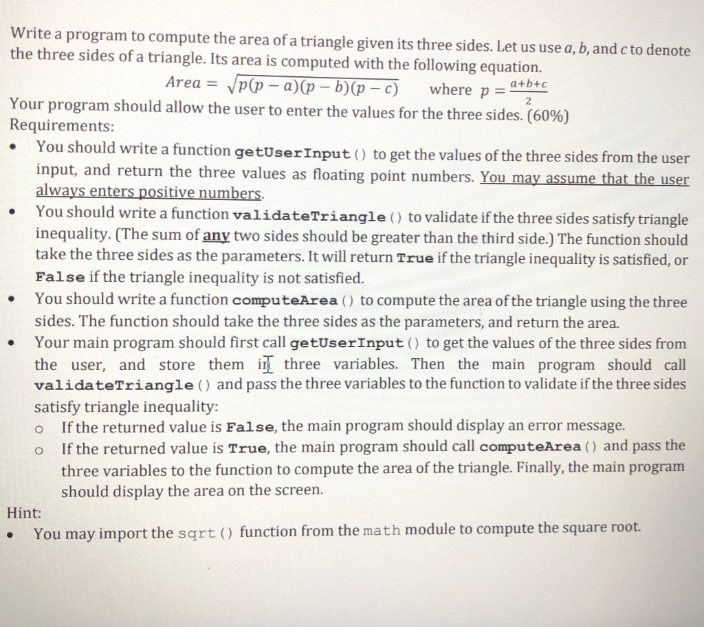 Write a program to compute the area of a triangle | Chegg.com