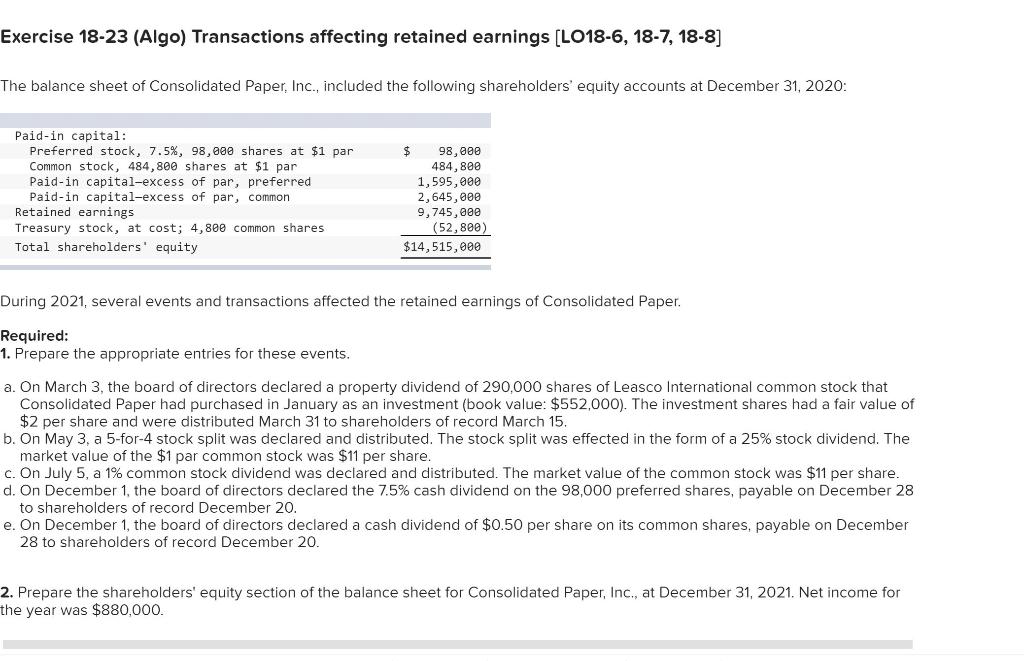Solved Exercise 18-23 (Algo) Transactions affecting retained | Chegg.com