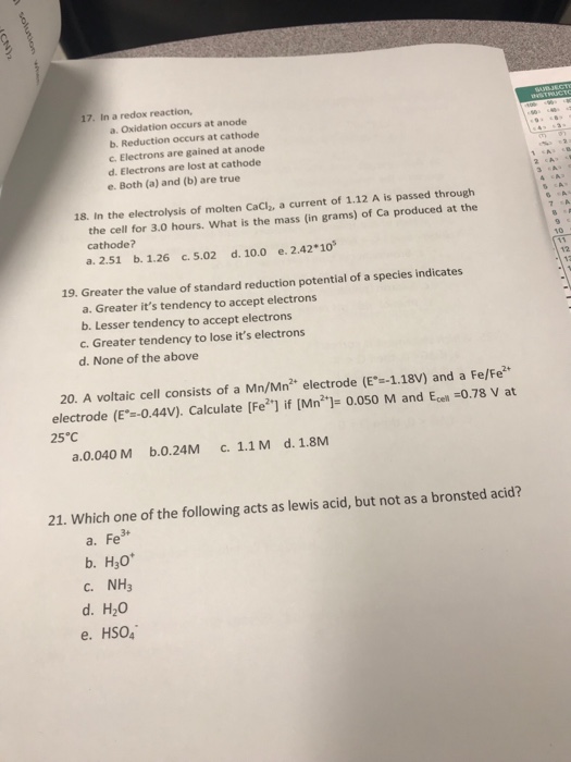 Solved 17. In a redox reaction, a. Oxidation occurs at anode | Chegg.com