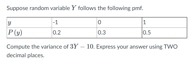 Solved Suppose random variable Y follows the following pmf. | Chegg.com