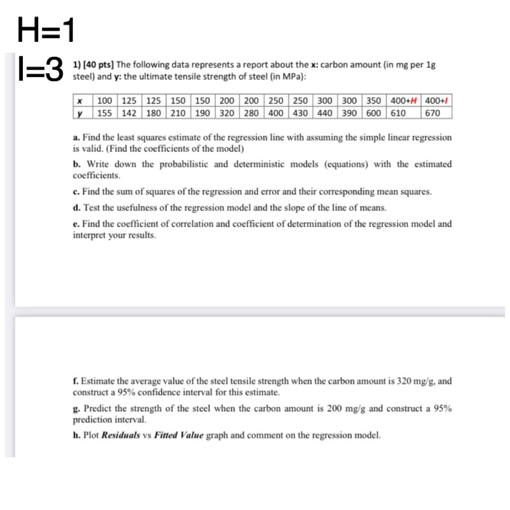 Solved H=1 I=3 1) [40 pts] The following data represents a | Chegg.com