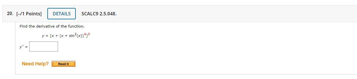 Solved [-/1 Points] SCALC9 2.5.048. Find the derivative of | Chegg.com
