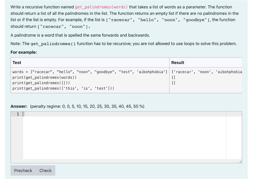 Solved Write A Recursive Function Named Getpalindromes 9437
