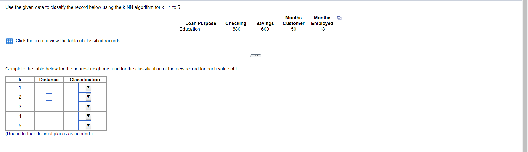 Solved Use the given data to classify the record below using | Chegg.com