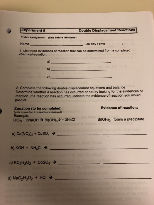 Solved Double Displacement Reactions Experimen Prelab | Chegg.com