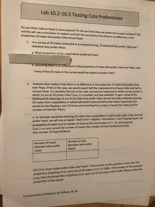 Solved Lab 10.2-10.3 Testing Cola Preferences Do you think | Chegg.com