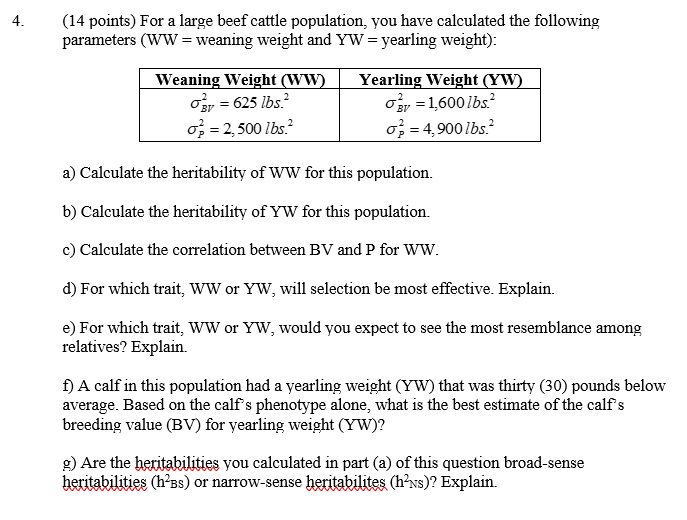 Solved (14 points) For a large beef cattle population, you | Chegg.com