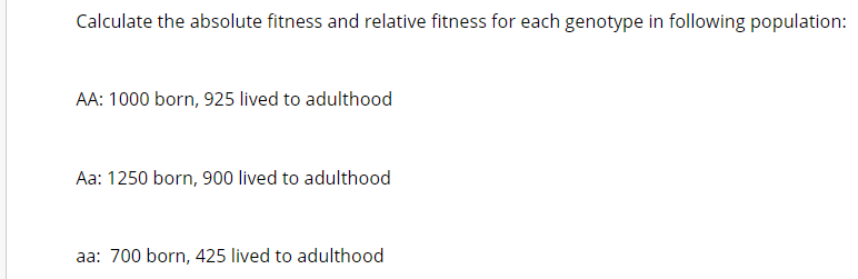 Solved Calculate the absolute fitness and relative fitness | Chegg.com