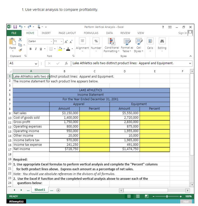 Solved 1. Use vertical analysis to compare profitability.2. | Chegg.com