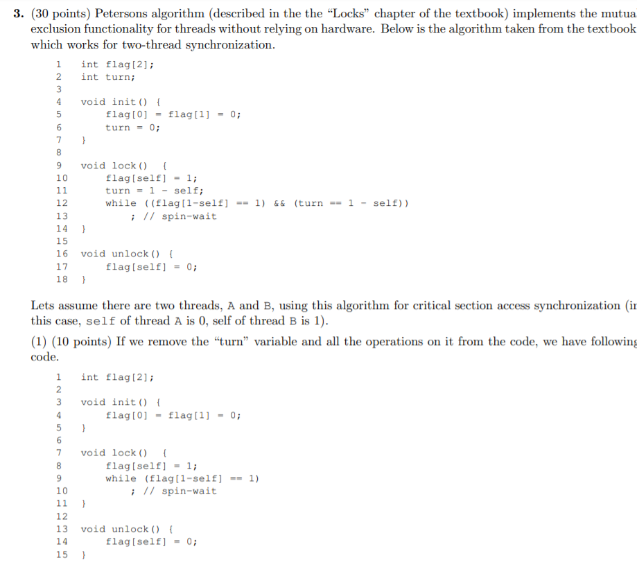 Solved 3. (30 points) Petersons algorithm (described in the | Chegg.com