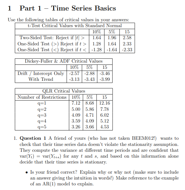 Part 1 Time Series Basics Use the following tables of | Chegg.com
