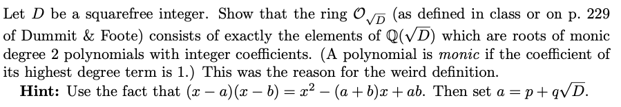 Solved Let D be a squarefree integer. Show that the ring | Chegg.com