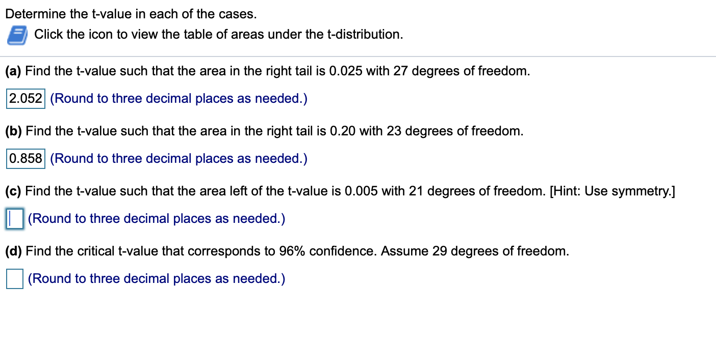 Solved Determine the t-value in each of the cases. Click the | Chegg.com
