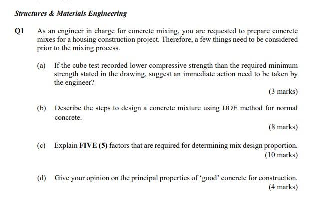 Solved Structures & Materials Engineering Q1 As an engineer | Chegg.com