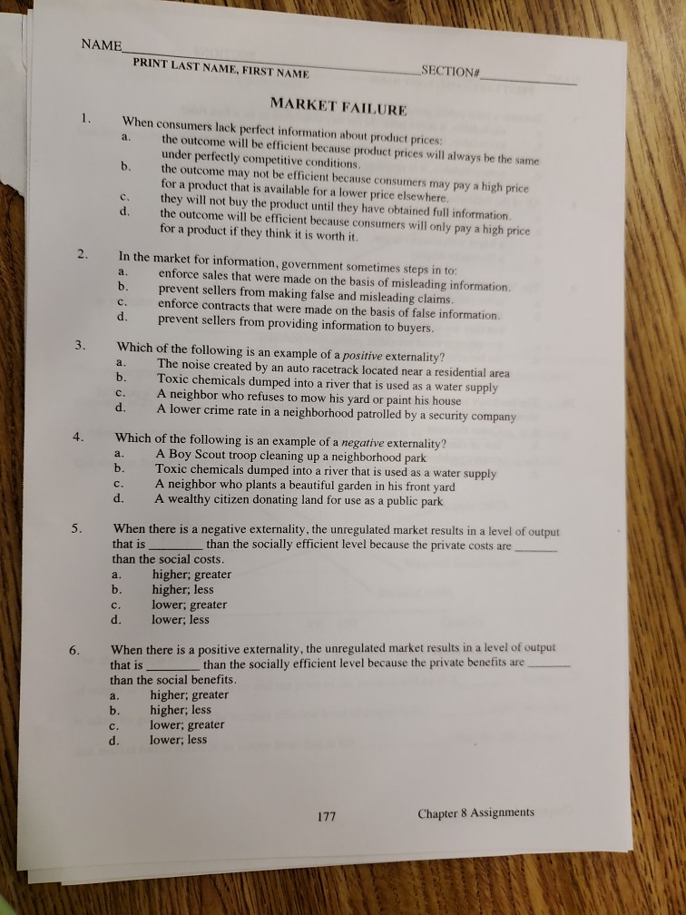 Solved NAME PRINT LAST NAME, FIRST NAME SECTION! MARKET | Chegg.com