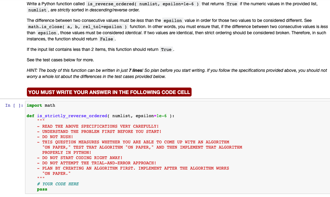 Solved Write a Python function called is_reverse_ordered( | Chegg.com