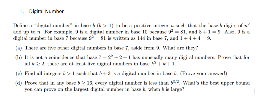 1. Digital Number Define a “digital number” in base b | Chegg.com