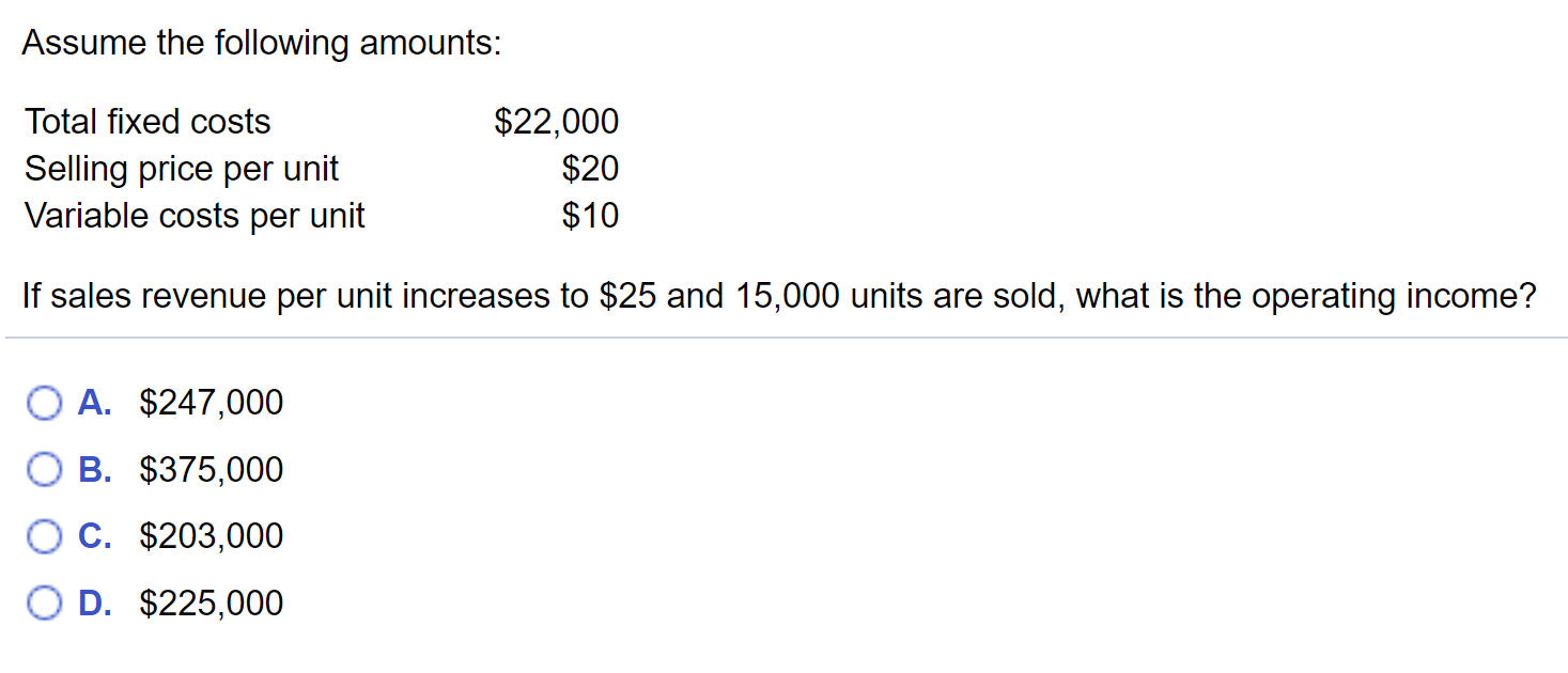 Solved If sales revenue per unit increases to $25 and 15,000 | Chegg.com