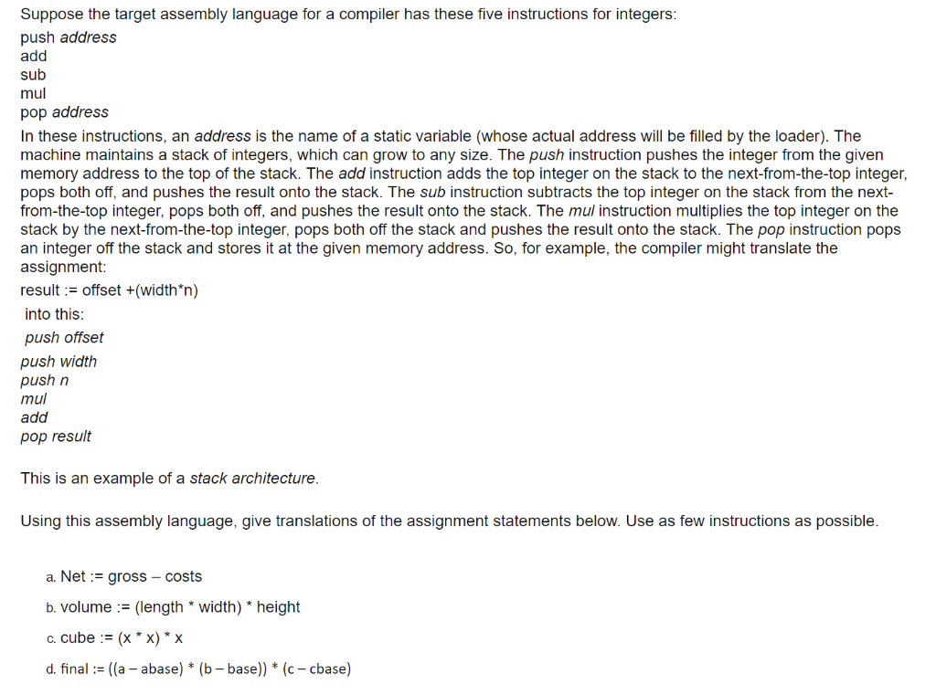 Solved Suppose the target assembly language for a compiler | Chegg.com
