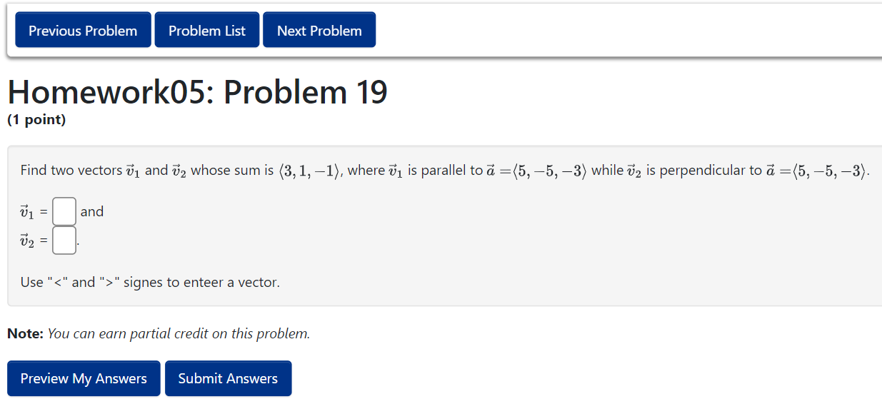 Solved Homework05 Problem 19 1 Point Find Two Vectors V1 