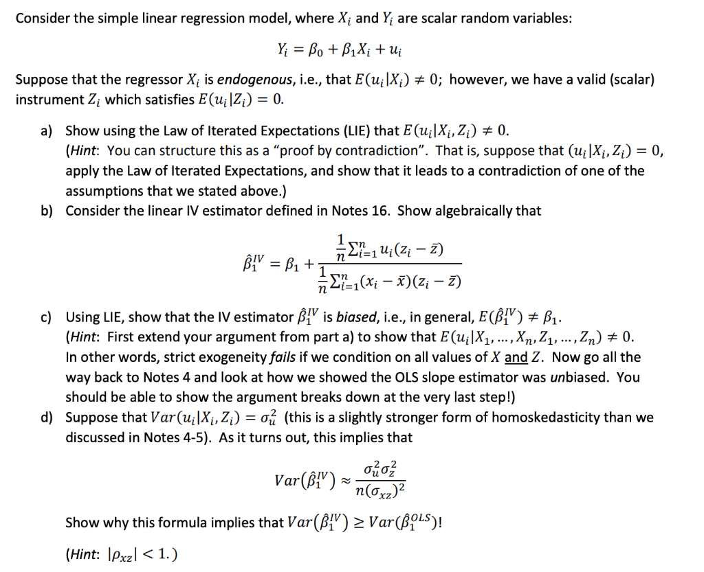 Consider the simple linear regression model, where X; | Chegg.com