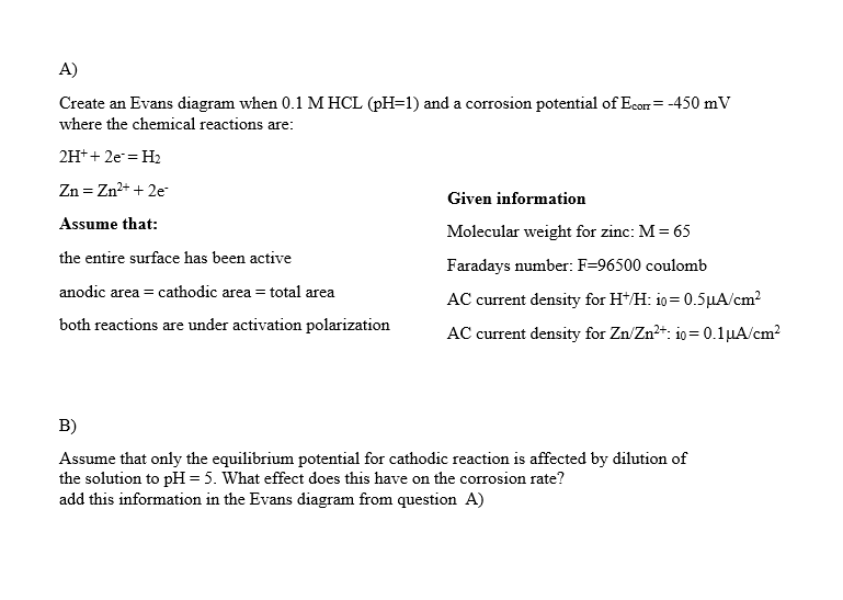 Solved A) Create an Evans diagram when 0.1 M HCL (pH=1) and | Chegg.com