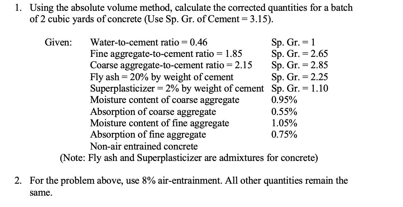 Solved 1. Using the absolute volume method, calculate the | Chegg.com