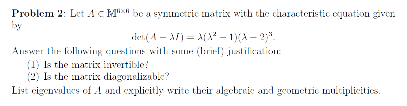 Solved Problem 2: Let A∈M6×6 be a symmetric matrix with the | Chegg.com