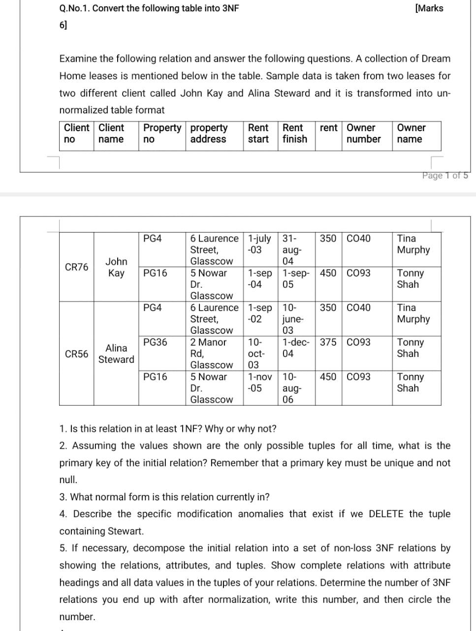 Solved [Marks Q.No. 1. Convert the following table into 3NF | Chegg.com