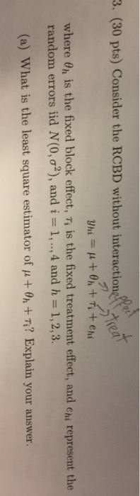 Solved 8. (30 pts) Consider the RCBD without | Chegg.com