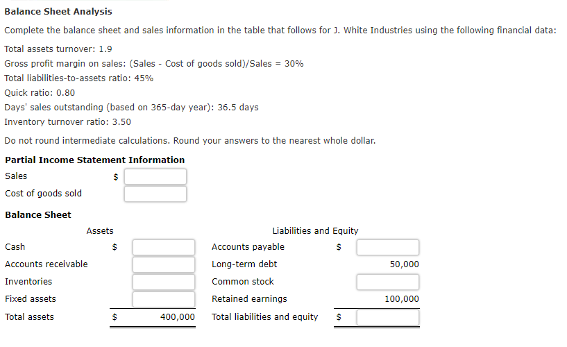 Solved Balance Sheet Analysis Complete the balance sheet and | Chegg.com