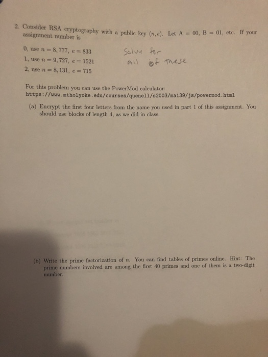 Solved 2. Consider RSA cryptography with a public key (n, | Chegg.com