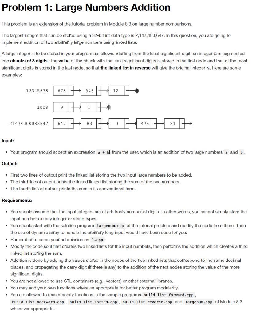 Solved Problem 1 Large Numbers Addition This Problem Is An Chegg
