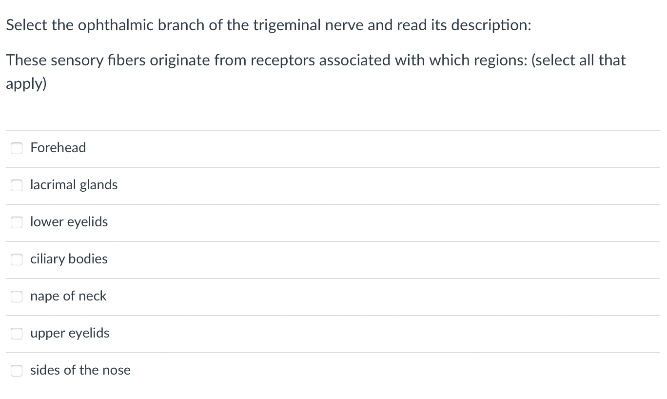 Solved Select the ophthalmic branch of the trigeminal nerve | Chegg.com