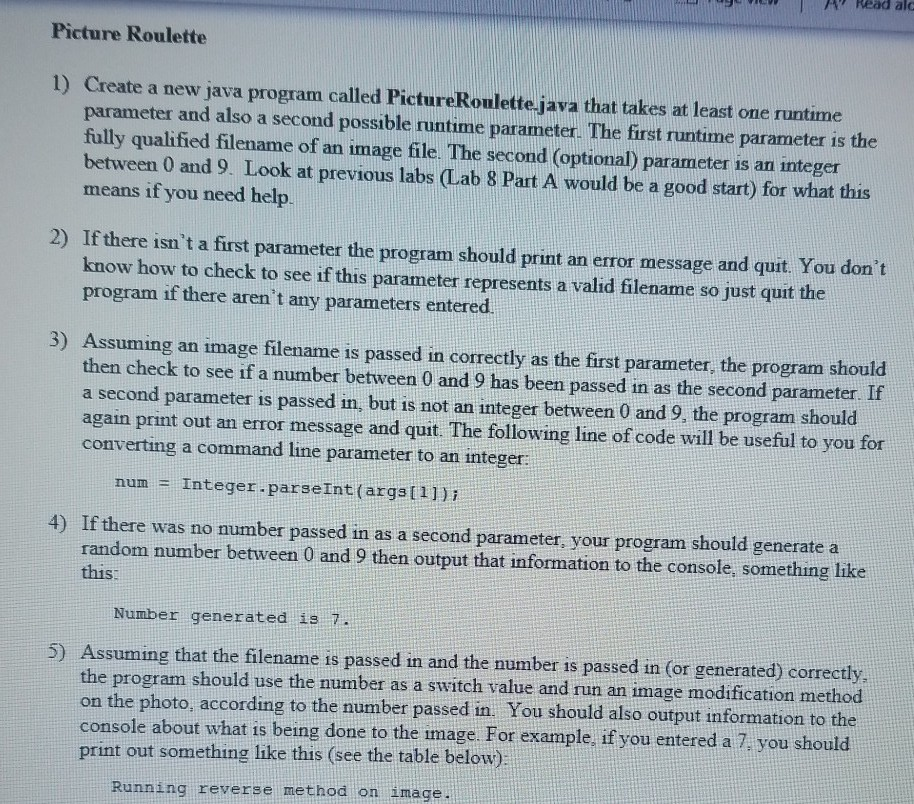 Picture Roulette 1) Create a new java program called | Chegg.com