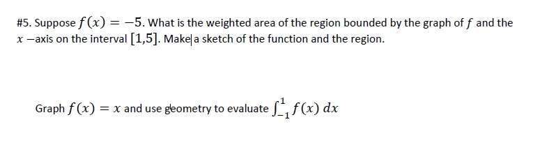 Solved #5. Suppose f(x) = -5. What is the weighted area of | Chegg.com