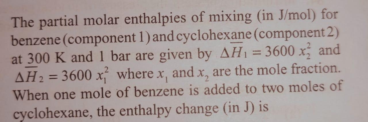 Solved The partial molar enthalpies of mixing (in J/mol) for | Chegg.com