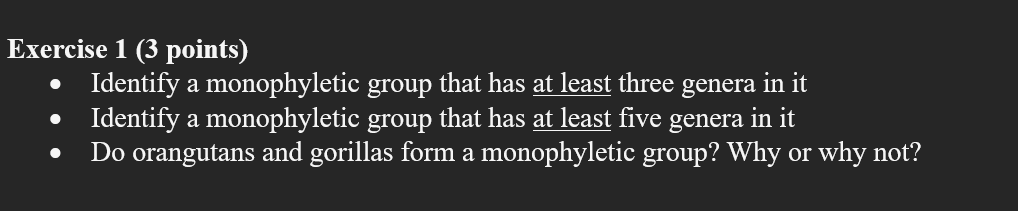 Solved Exercise 1 (3 points) - Identify a monophyletic | Chegg.com