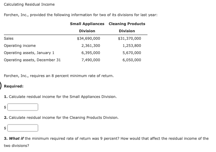 Solved Calculating Residual Income Forchen, Inc., provided | Chegg.com
