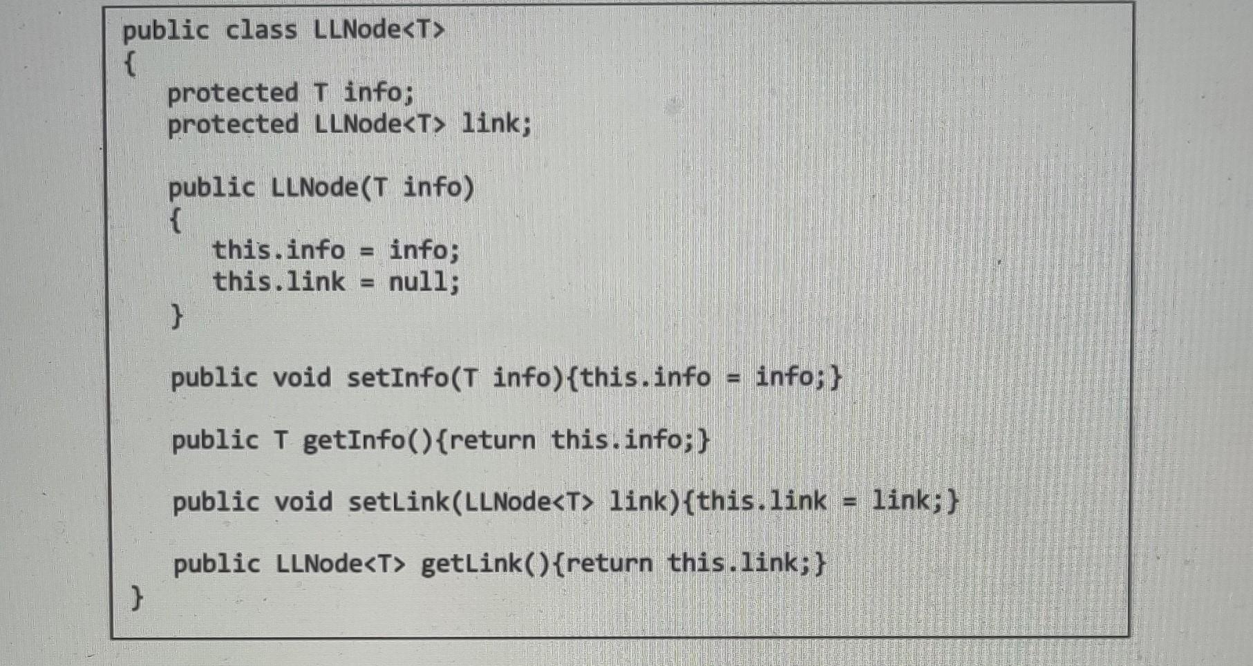 Solved public class LLNode { protected T info; protected | Chegg.com